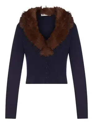 SELF-PORTRAIT Short Knit Cardigan With Faux Fur Collar - Blue
