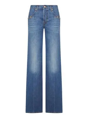 Gucci Cotton Denim Bootcut Trousers With Horsebit Detail - Blue