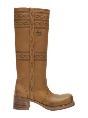 Miu Miu Embroidered Leather Boots In Cuoio - Brown