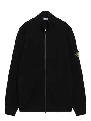 Stone Island Zip-up Sweater In Pure Wool - Black