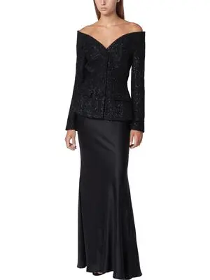 SELF-PORTRAIT Long Dress In Metallic Boucle Satin - Black