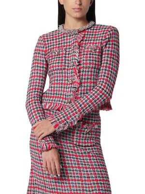 SELF-PORTRAIT Fringed Checked Knit Jacket - Red
