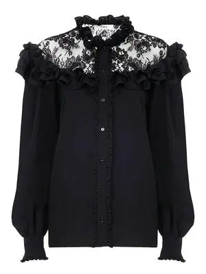 Chloé Blusa A Collo Alto Con Volant In Crêpe De Chine E Pizzo - Black