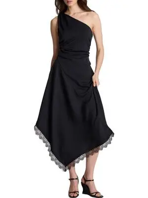 KENNETH COLE COLLECTION One-shoulder Lace Hem Asymmetric Dress - Black