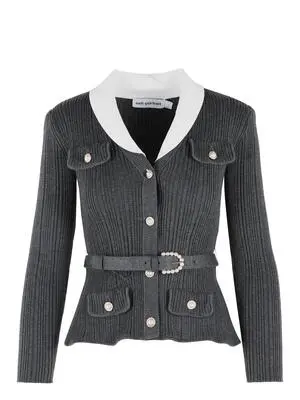 SELF-PORTRAIT Ribbed Cardigan In Grey Viscose Blend - Gray