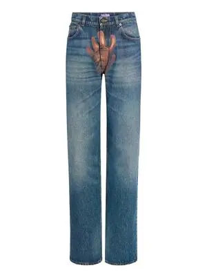 JEAN PAUL GAULTIER Wide Leg Denim Pants With Gloves Print On Front - Blue