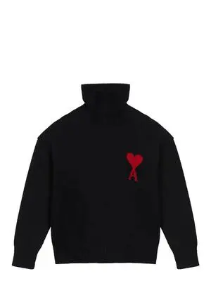 AMI Black Funell-neck Wool Sweater With Ami De Coeur