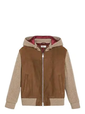 Brunello Cucinelli Suede And Cashmere English Rib Knit Outerwear Jacket With Hood - Brown