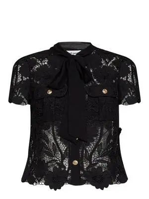 SELF-PORTRAIT Lace Tie Neck Top - Black