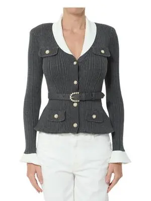 SELF-PORTRAIT Ribbed-knit Cardigan With A Cinched Waist - Dark Gray