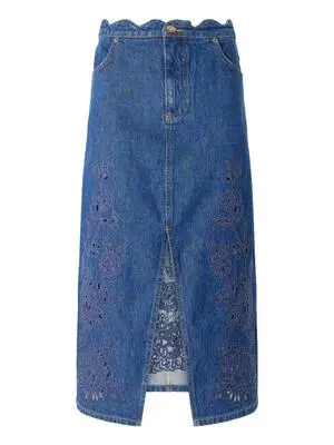 Farm Rio Embroidered Denim Skirt - Blue
