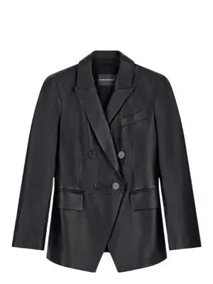 Emporio Armani Slim-fit Double-breasted Blazer In Semi-glossy Leather - Black
