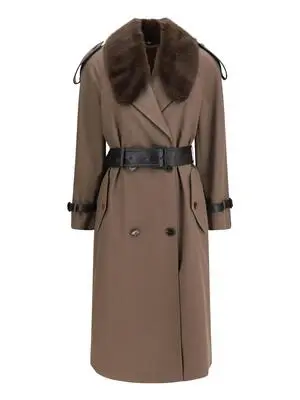 Burberry Long Cotton Trench Coat With Buffalo Leather Collar - Brown
