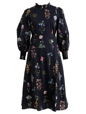 LOUCHE Jessie Flower Press Print Frill Neck Midi Dress