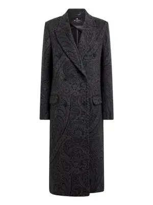 Etro Double-breasted Wool Jacquard Coat With Paisley Motif - Grey