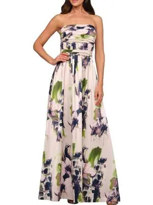 KAY UNGER Ida Floral Print Strapless Gown - Champagne Multi