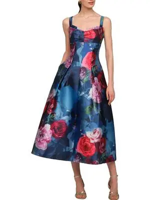 KAY UNGER Adria Floral Pleated Mikado Midi Cocktail Dress - Ink Blue Multi