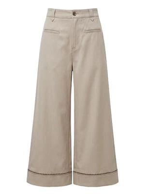 MODENAIRE High Waist Wide Leg Pants With Embroidered Hem And Patch Pockets - Khaki