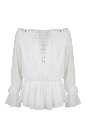 MODENAIRE Elegant Lace-up Peplum Blouse With Long Sleeves - White