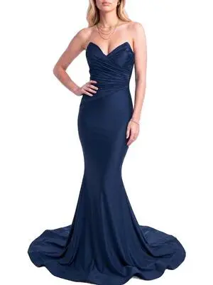 JESSICA ANGEL Strapless Ruched Sweetheart Mermaid Evening Gown - Navy