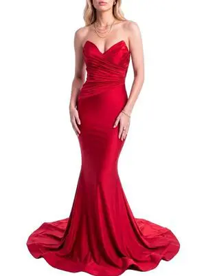 JESSICA ANGEL Strapless Ruched Sweetheart Mermaid Evening Gown - Red