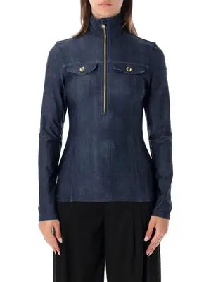 Goldbergh Slim Fit Denim Turtleneck Top With Half-zip And Stud Embellishments - Navy