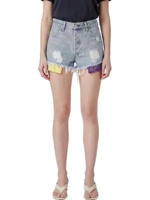 HTC LOS ANGELES High-waisted Shorts With Raw-cut Hem And Bandana Motif - Denim