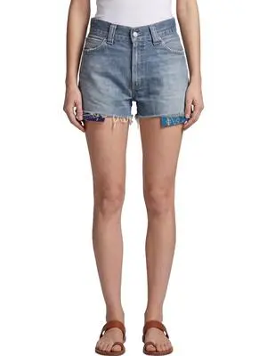 HTC LOS ANGELES High-waisted Shorts With Frayed Hem And Bandana Motif - Denim