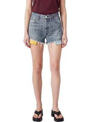HTC LOS ANGELES High-waisted Shorts With Bandana Embroidery And Frayed Hem - Denim