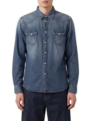 HTC LOS ANGELES Long-sleeved Denim Shirt With Studs And Patch Pockets - Blue