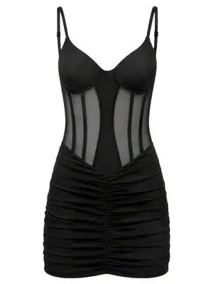 OW Sivara Mesh-panelled Ruched Mini Dress - Black
