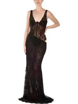ANDREEA VENECIUC Noire Elise Bead-embellished Lace Maxi Dress