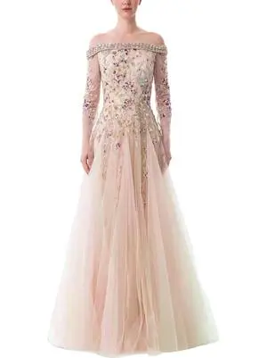 DINA MELWANI Peacock-embroidered Off-shoulder Maxi Dress - Neutrals