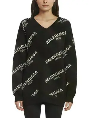 Balenciaga Logo-intarsia V-neck Sweater - Black