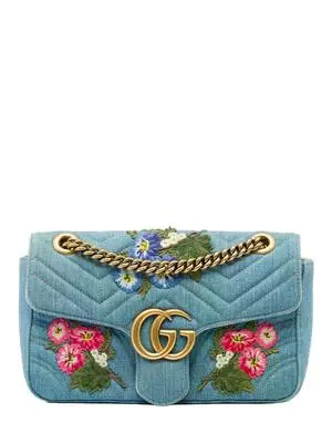 Gucci 2016-2026 Medium Gg Marmont Matelasse Denim Floral Embroidered Shoulder Bag - Blue