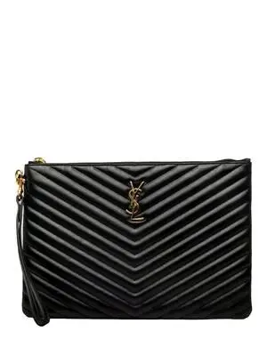 Saint Laurent 2022 Chevron Calfskin Cassandre Document Holder Clutch Bag - Black