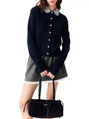 Maje Minios Wool & Cashmere Contrast Collar Cardigan - Navy