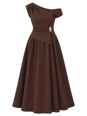 GIRL IN MIND Simran Asymmetric Gold Buckle Midi Dress - Brown