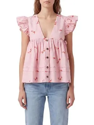 GANNI Sleeveless Floral Embroidered Stretch Cotton Top With Ruffled V-neck