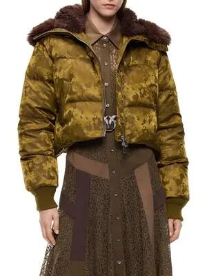 Pinko Quilted Camouflage Print Cropped Bomber Jacket With Shearling Hood - Brown