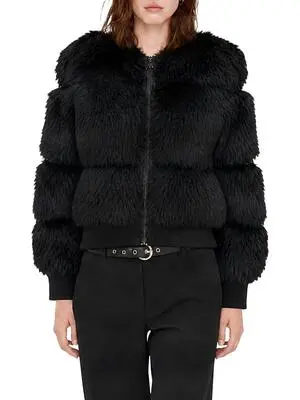 Patrizia Pepe Faux Fur Bomber Jacket With High Collar And Zip Closure - Black