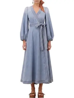 Zimmermann Indra Denim Midi Wrap Dress With Balloon Sleeves - Blue