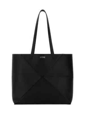 Loewe Puzzle Fold Medium Calfskin Leather Tote Bag With Double Handle - Black