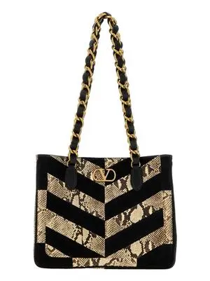 Valentino Garavani Python Print And Chevron Motif Shoulder Bag With Vlogo - Beige
