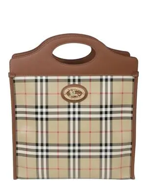 Burberry Coated Cotton Tote Bag With Vintage Check Pattern And Double Leather Handles - Beige