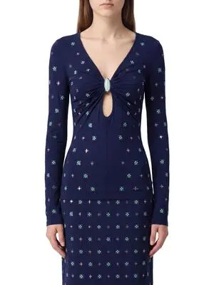 Rabanne Slim Fit Long-sleeved Jersey Top With Print And Teardrop Neckline - Blue