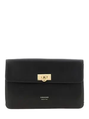 FERRAGAMO Mini Calfskin Leather Crossbody Bag With Gancini Logo - Black