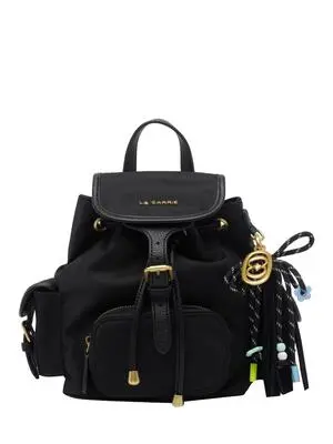 LA CARRIE Bi Nylon Backpack With Patch Pockets, Tassels And Buckle - Black