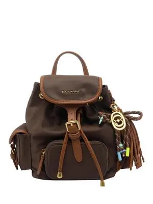 LA CARRIE Bi Nylon Backpack With Patch Pockets, Tassels And Buckle - Brown