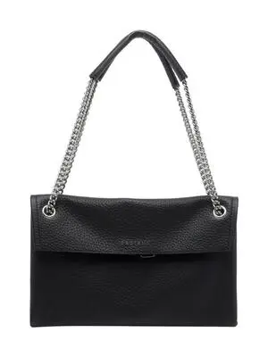 Orciani Venus Rectangular Hammered Leather Shoulder Bag With Sliding Handle Black